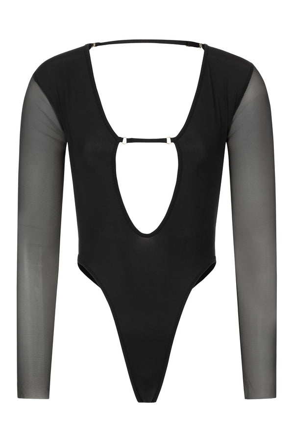 DVNT Black Long Sleeve Bodysuit with Front Cutout — SIREN